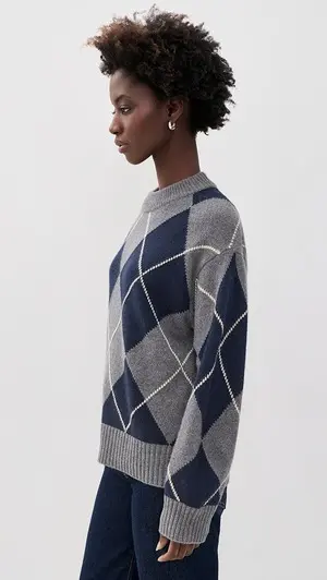 REFORMATION Cove Cashmere Argyle Crewneck Sweater - Thunder Multi Argyle