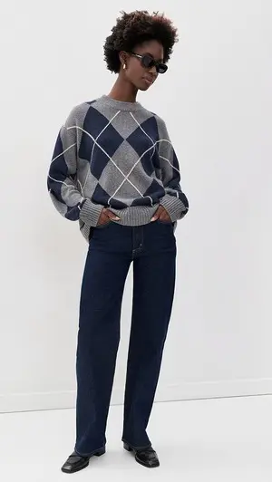 REFORMATION Cove Cashmere Argyle Crewneck Sweater - Thunder Multi Argyle