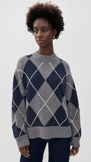 REFORMATION Cove Cashmere Argyle Crewneck Sweater - Thunder Multi Argyle