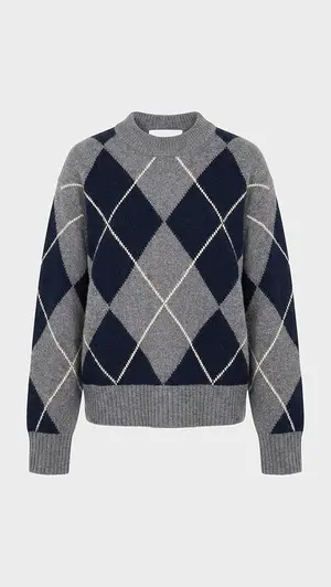 REFORMATION Cove Cashmere Argyle Crewneck Sweater - Thunder Multi Argyle