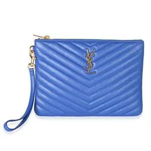 Saint Laurent Monogram Calfskin Pouch - Blue