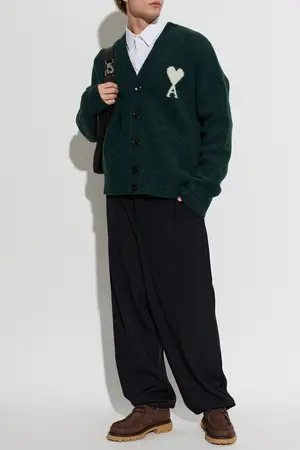 AMI Paris Alpaca And Wool Blend Logo Cardigan - Green