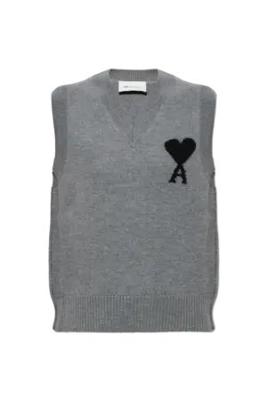 AMI Paris Wool Vest With Logo Detail - Grey