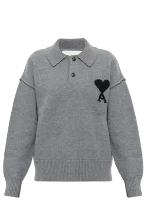 AMI Paris Wool Long-sleeve Polo - Grey