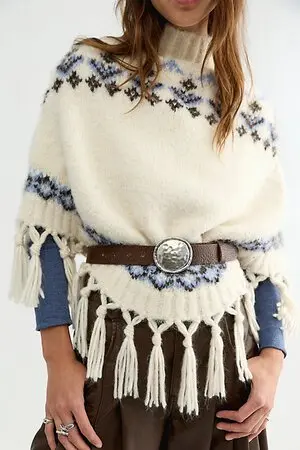 Free People Printed Poncho With Fringe Trim - Ivory