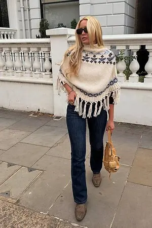 Free People Printed Poncho With Fringe Trim - Ivory