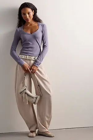 Free People Ribbed Thermal V-neck Layering Top - Liquid Silver