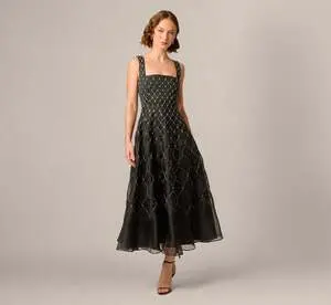 Aidan Mattox Square Neck Lattice Beaded Ankle Length Dress