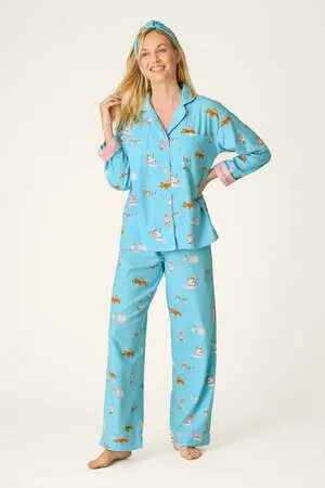 PJ Salvage Pampered Cat Print 3-piece Long Sleeve Flannel Pajama Set - Blue Elixir