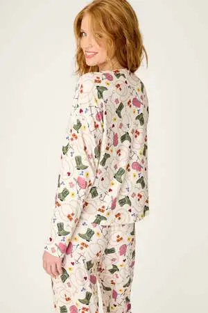 PJ Salvage Saddle Up Western Print Long Sleeve V-neck Top
