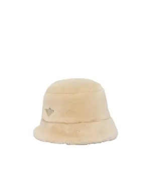 Prada Shearling Logo Plaque Bucket Hat - Nude
