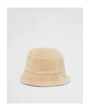 Prada Shearling Logo Plaque Bucket Hat - Nude