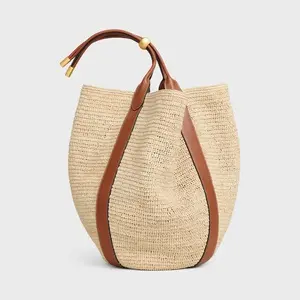 Celine Large Drop Bucket Bag In Raffia And Calfskin