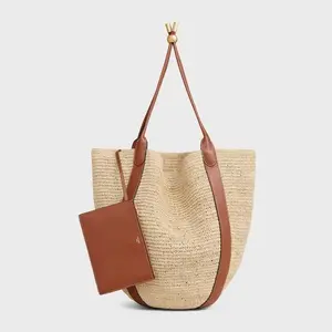 Celine Large Drop Bucket Bag In Raffia And Calfskin
