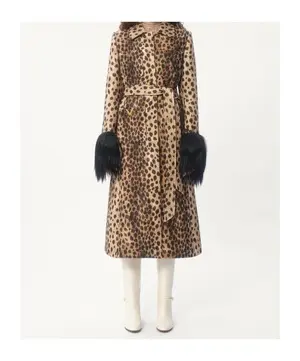 Valentino Garavani Jaguar Spots Printed Wool Cloth Coat With Fur Cuffs - Nude