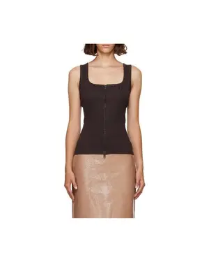COURREGES 90's Ribbed-knit Zip-up Tank Top - Chocolate-colored