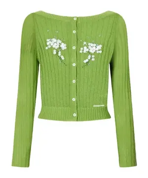 SHUSHU/TONG Long-sleeved Knitted Cardigan With Beaded Flower Embellishments