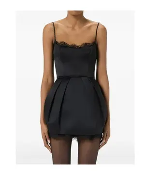 Blumarine Spaghetti Strap Lace Trimmed Pleated Dress