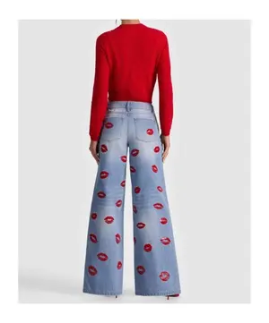 ALICEOLIVIA Lip-print Wide-leg Denim Trousers