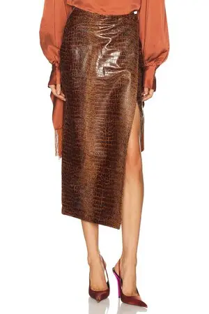 ROWEN ROSE Croc-embossed Faux Leather Maxi Wrap Skirt - Tan