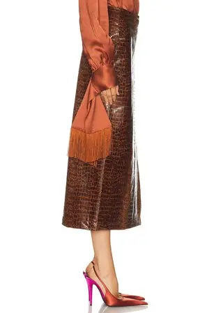 ROWEN ROSE Croc-embossed Faux Leather Maxi Wrap Skirt - Tan