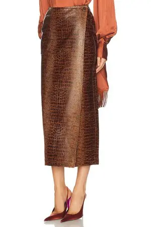ROWEN ROSE Croc-embossed Faux Leather Maxi Wrap Skirt - Tan