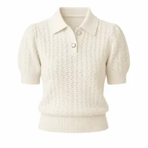 EXQUISE Short Sleeve Pointelle Knit Polo - Beige