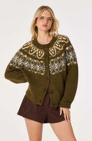 Astr The Label Irene Fair Isle Cardigan - Olive