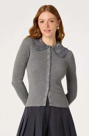 Astr The Label Sonya Lace Collar Cardigan - Grey