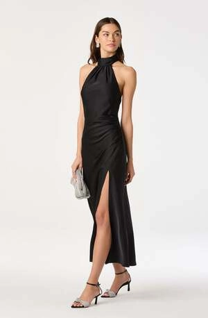 Astr The Label Jasmin Satin Halter Maxi Dress - Black