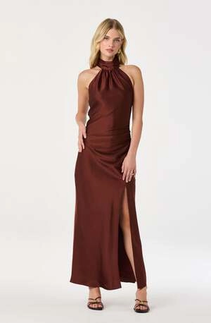 Astr The Label Jasmin Satin Halter Maxi Dress Mulberry Brown