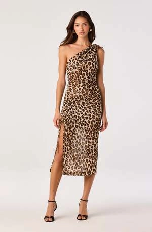 Astr The Label Single Shoulder Midi Dress With Slit - Leopard Print