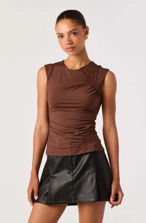 Astr The Label Frances Asymmetric Lace Ruched Top - Brown