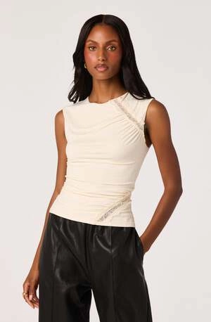 Astr The Label Frances Asymmetric Lace Ruched Top Cream