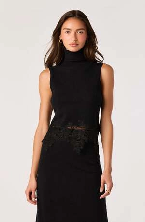 Astr The Label Nadine Lace-hem Turtleneck Top - Black