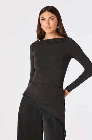 Astr The Label Fiona Asymmetric Lace Hem Top Charcoal
