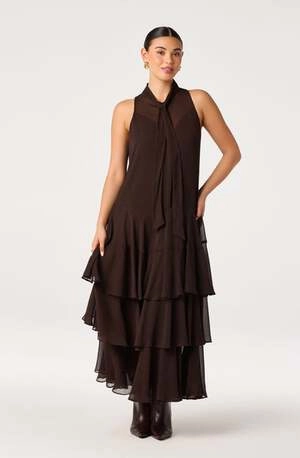 Astr The Label Tiered Ruffle Maxi Dress With Tie Neck