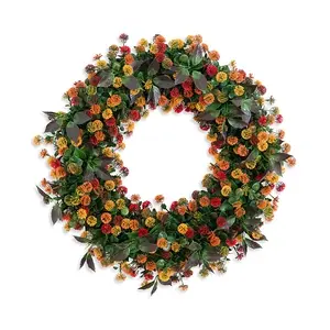 NEARLY NATURAL 24 Uv Resistant Autumn Artificial Fall Mum Wreath - Green