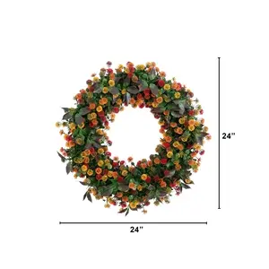 NEARLY NATURAL 24 Uv Resistant Autumn Artificial Fall Mum Wreath