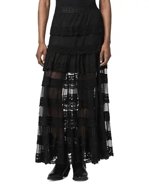 ALLSAINTS Maggie Lace Trim Tiered Maxi Skirt - Black