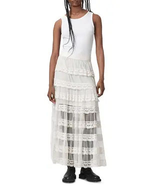 ALLSAINTS Maggie Lace Trim Tiered Maxi Skirt - Chalk White