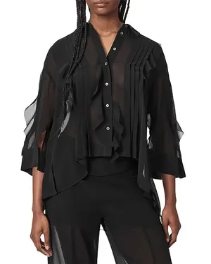 ALLSAINTS Minna Ruffled High Low Shirt - Black