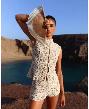 MISS CIRCLE NEW YORK Rosetta Cotton Crochet Mandarin Collar Top