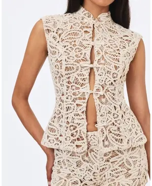MISS CIRCLE NEW YORK Rosetta Cotton Crochet Mandarin Collar Top