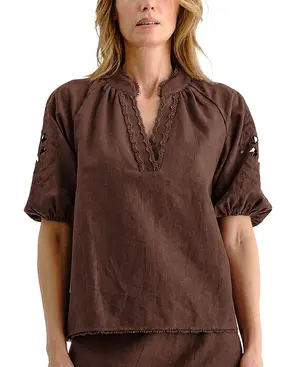 CARTOLINA Catalina Embroidered Linen Blend Top - Cacao
