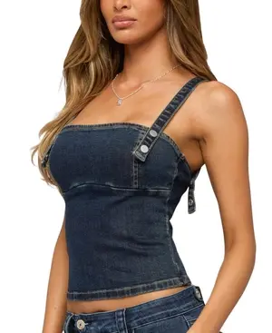 EDIKTED Koto Snap Button Stretchy Denim Top