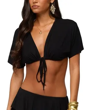 EDIKTED V Neck Front Tie Crop Top - Black