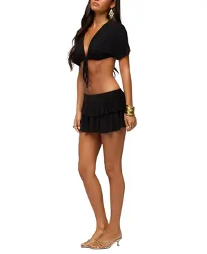 EDIKTED V Neck Front Tie Crop Top - Black