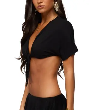 EDIKTED V Neck Front Tie Crop Top - Black