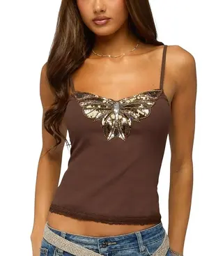 EDIKTED Sequin Butterfly Ribbed Tank Top